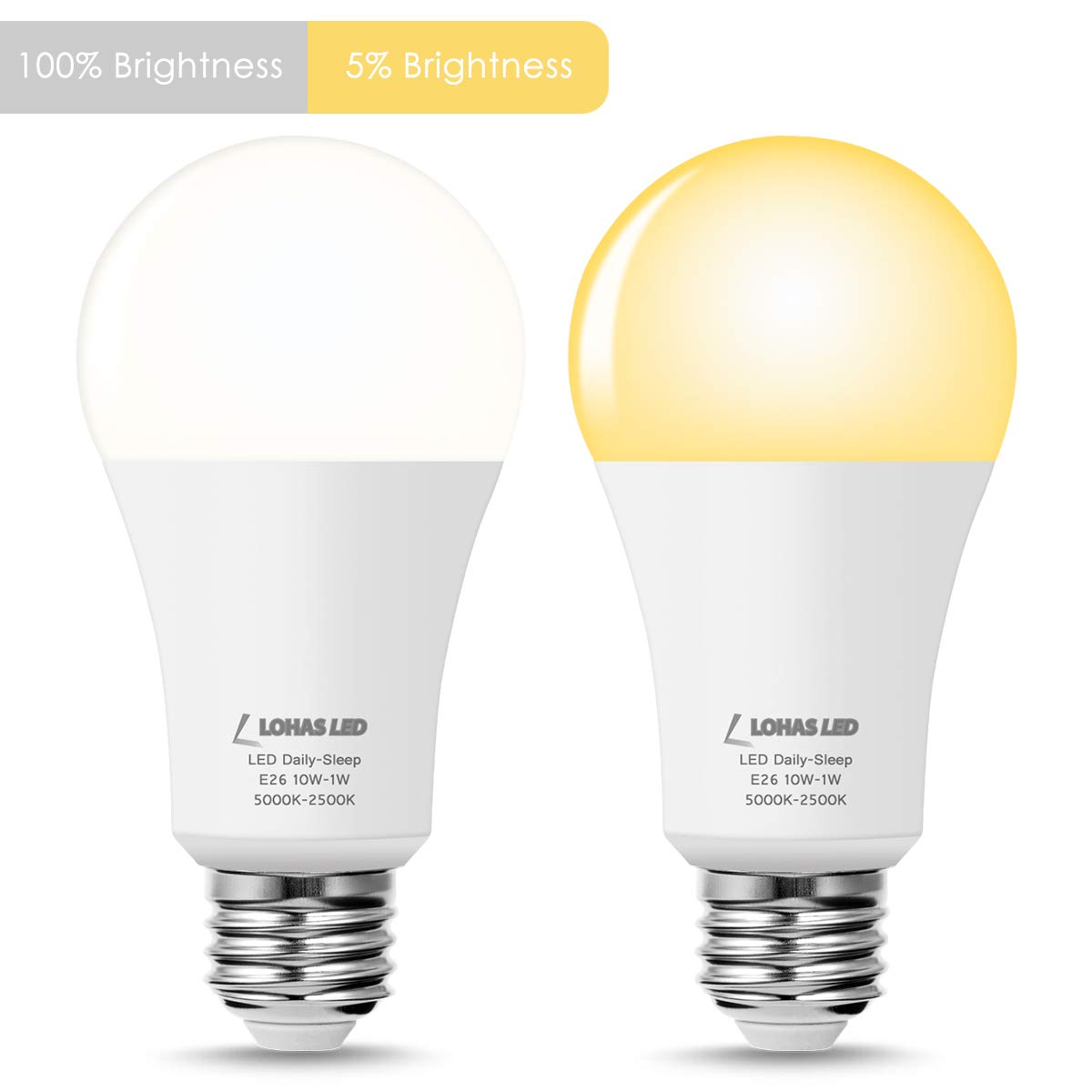 LOHAS LED 2 Way Light Bulbs,A19 E26,10W Daylight-5000K,1W Warm White 2500K,