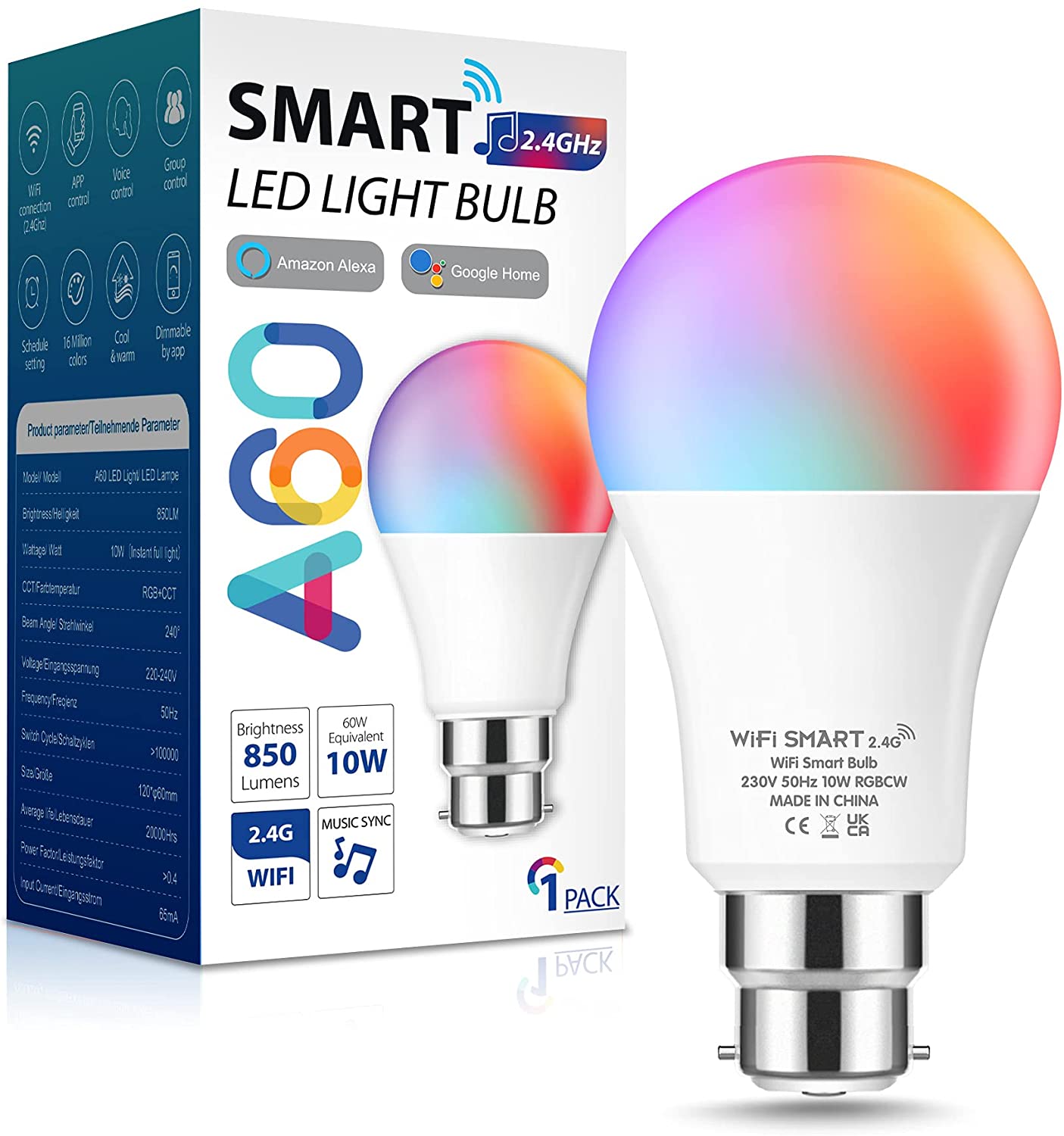 LOHAS B22 WiFi Smart Light Bulb, 10W A60 2700-6500K Dimmable Colour ...